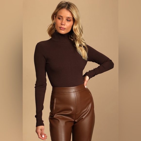 Lulus | Tops | Wilde Dark Brown Ribbed Long Sleeve Mock Neck Bodysuit ...